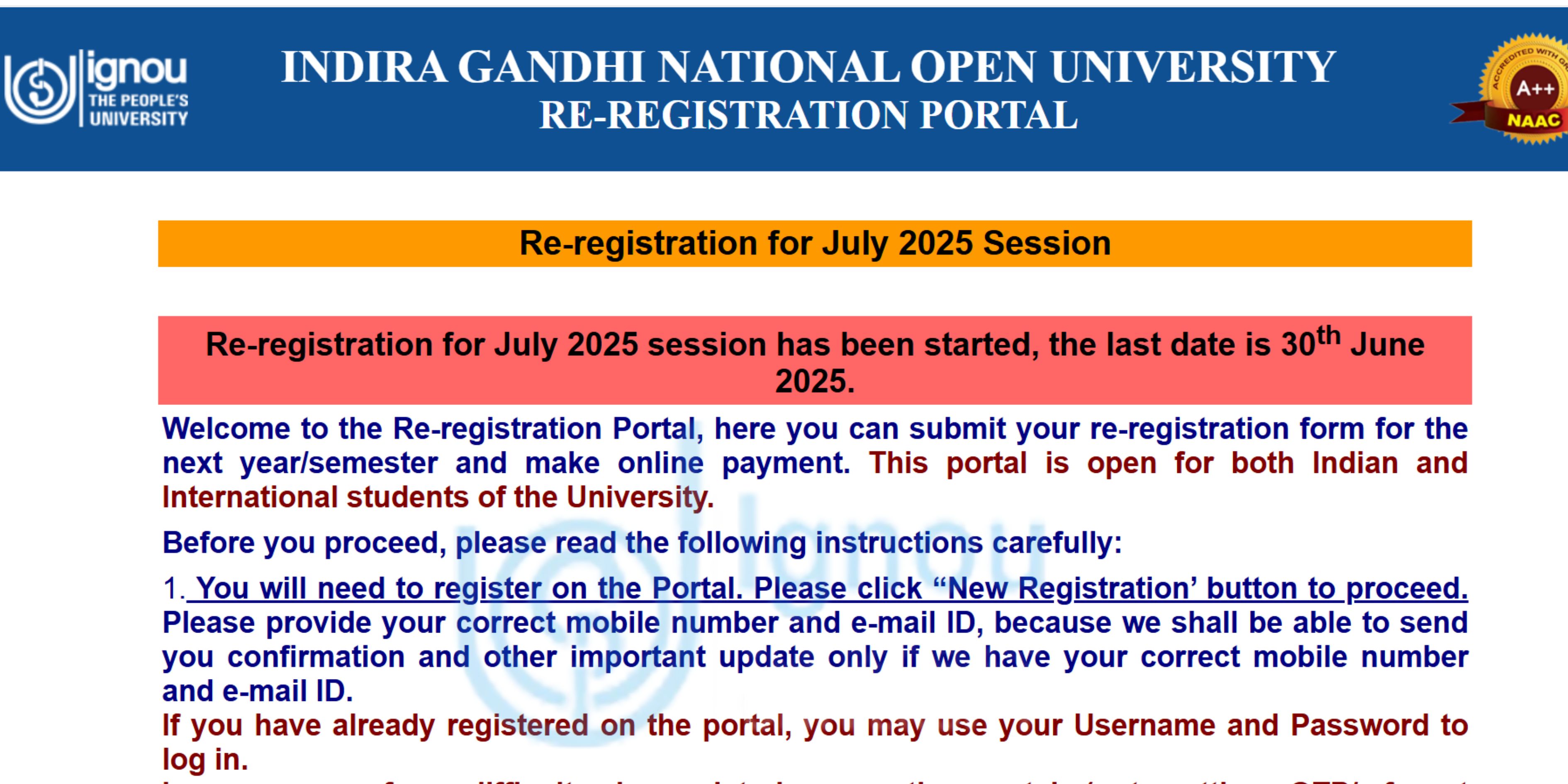 IGNOU Re-Registration 2026 January Session: Last Date, Form & Status